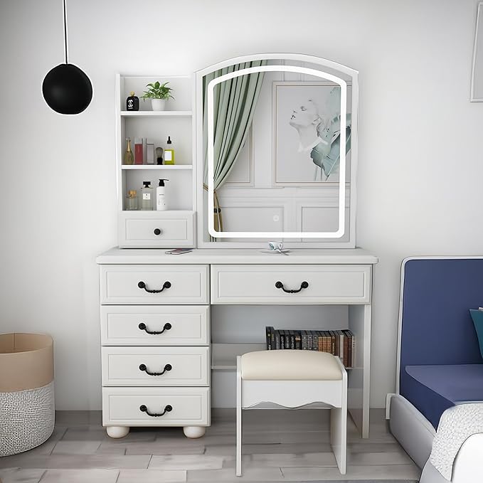 White Makeup Vanity Table with Drawers - Pioneer Furniture